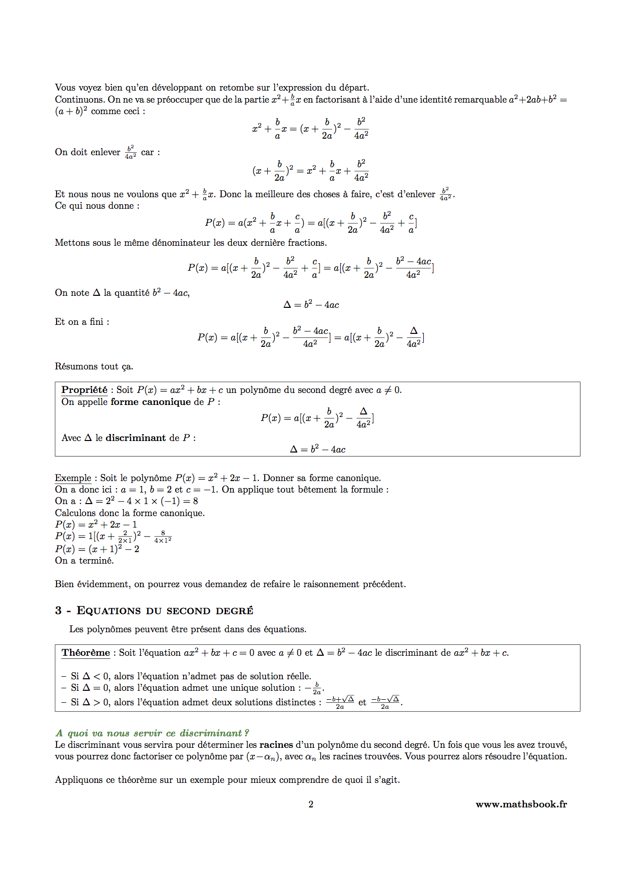Polynôme du second degré : Cours PDF à imprimer | Maths première ES Polynôme du second degré : Cours PDF à imprimer | Maths première ES