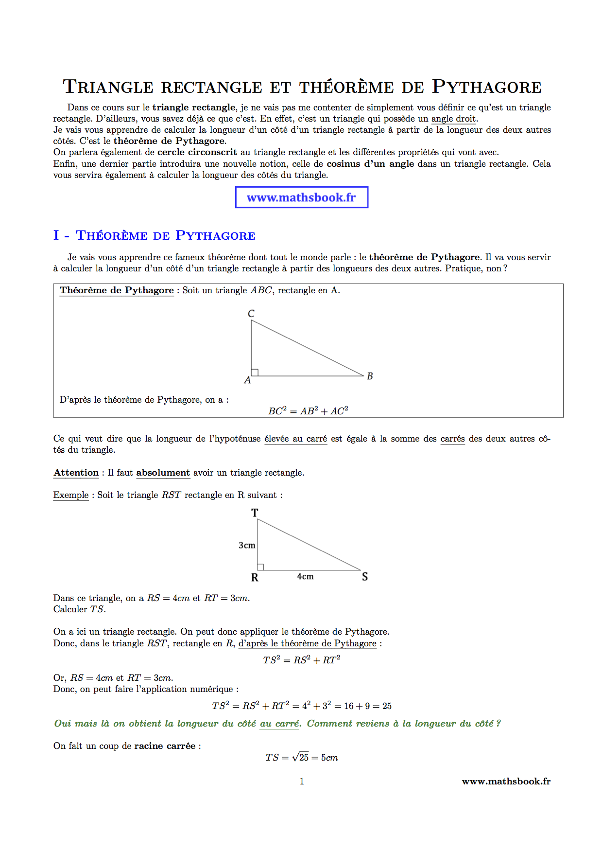 Triangle rectangle et théorème de Pythagore : Cours PDF à imprimer ... Triangle rectangle et théorème de Pythagore : Cours PDF à imprimer ...