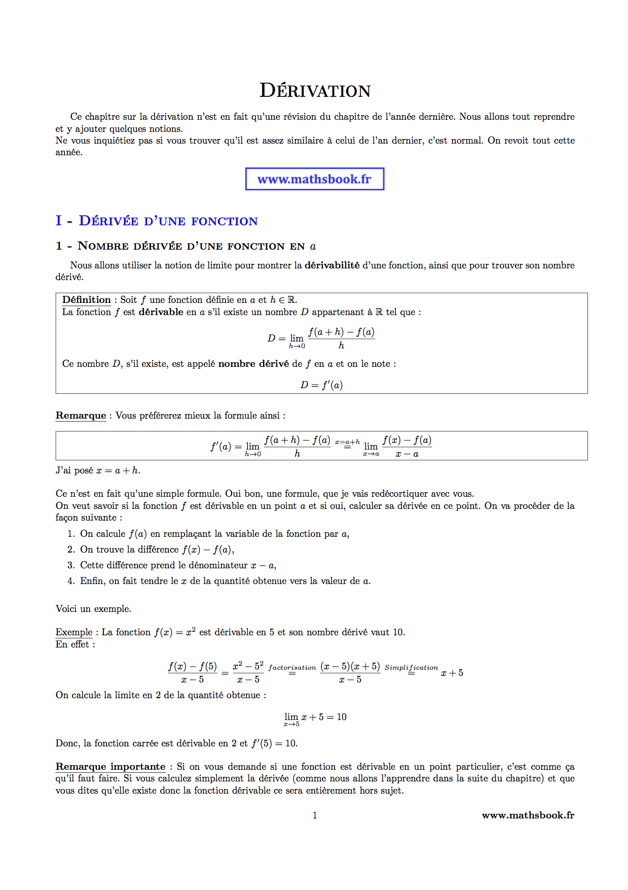 Dérivation : Cours PDF à imprimer | Maths terminale S Dérivation : Cours PDF à imprimer | Maths terminale S