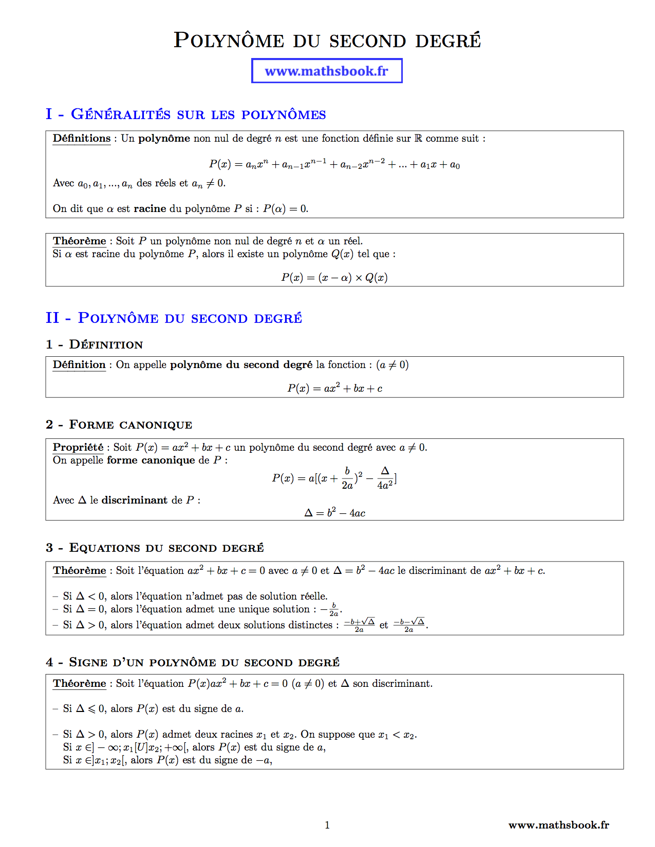 Polynôme du second degré : Fiches de révision | Maths première ES Polynôme du second degré : Fiches de révision | Maths première ES